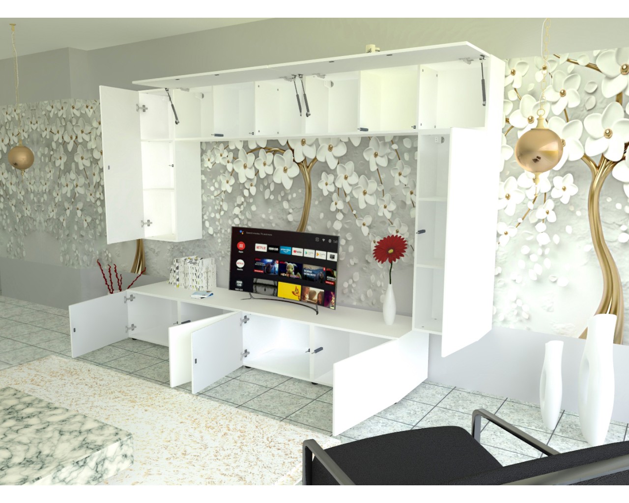 Living Armonia MDF Alb Mat - Varianta 1 cu sistem "PUSH TO OPEN"