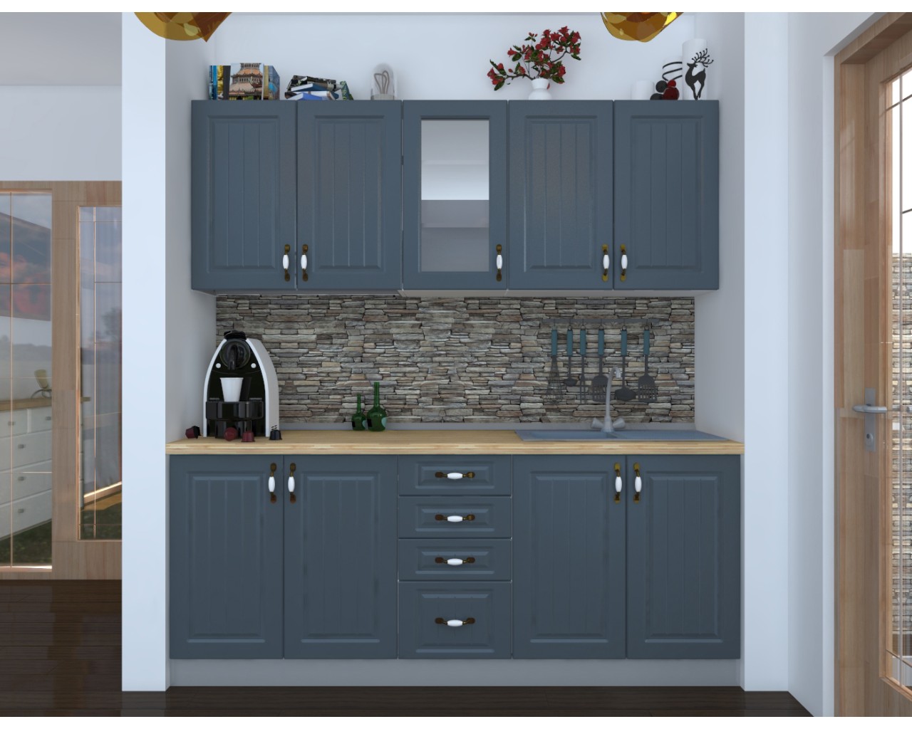 Bucatarie Zebra alba / Fronturi MDF Gri Dungi - Varianta 1