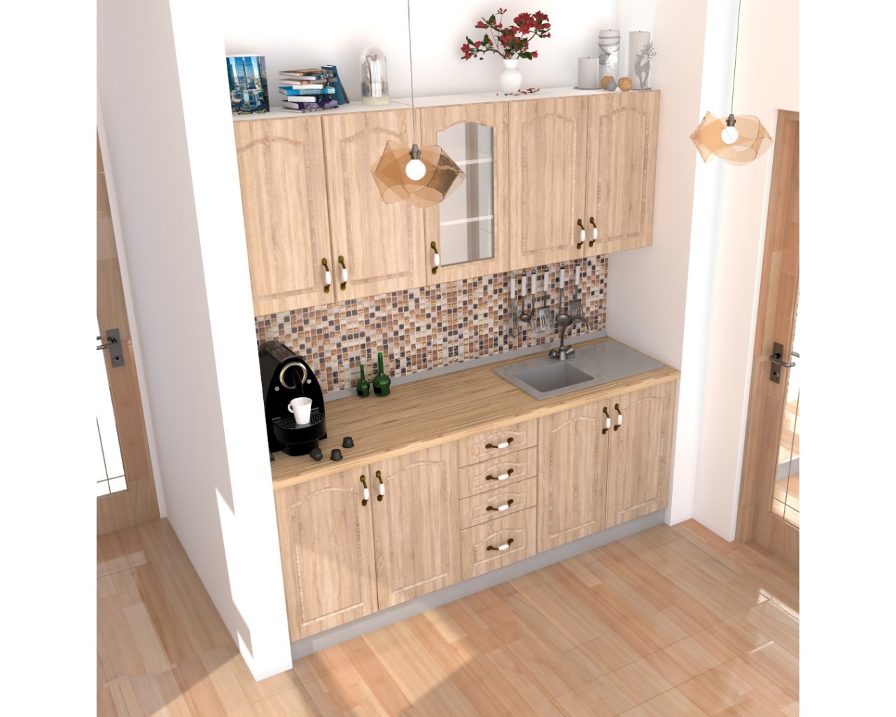 Bucatarie Zebra alba / Fronturi MDF sonoma - Varianta 1