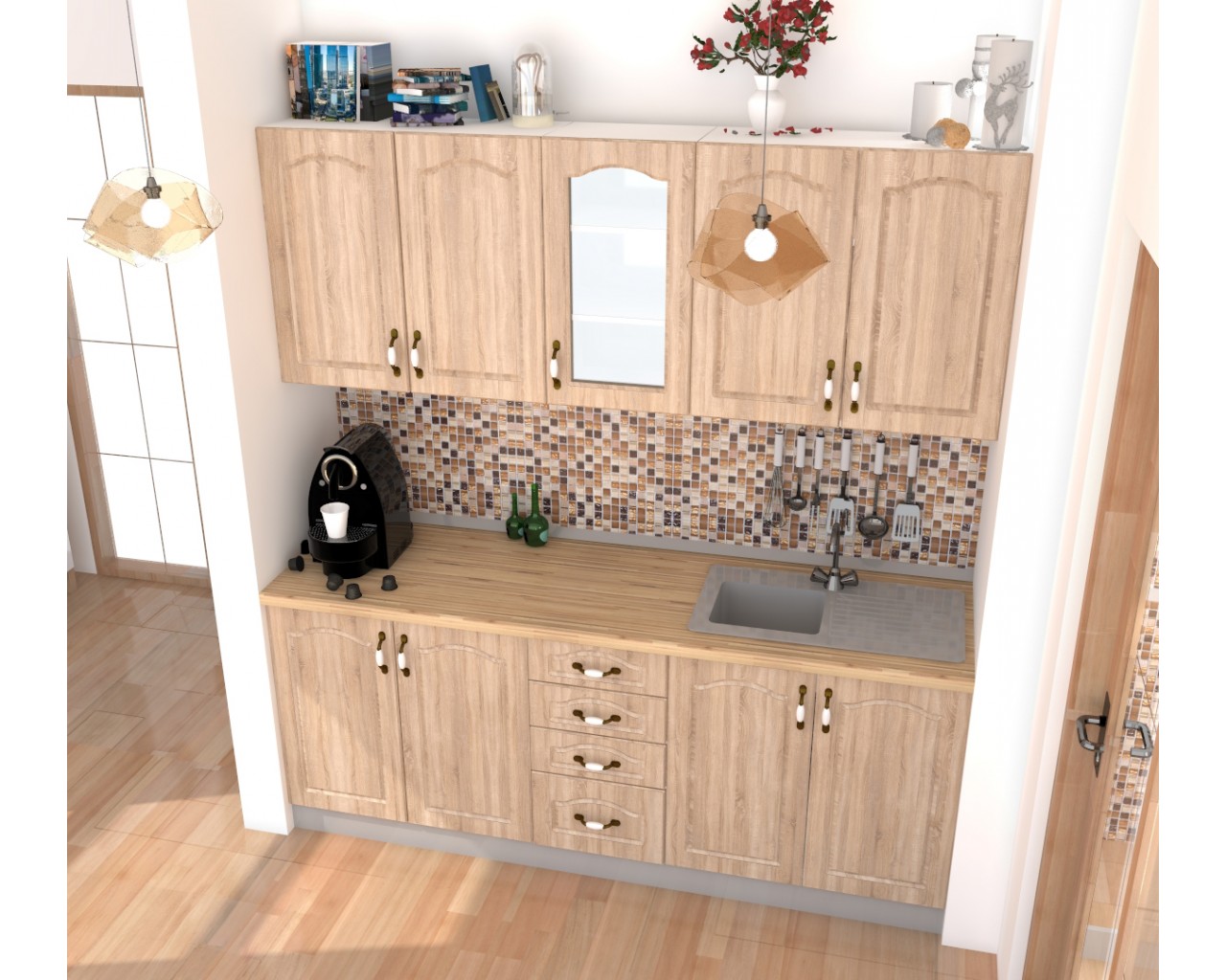 Bucatarie Zebra alba / Fronturi MDF sonoma - Varianta 1