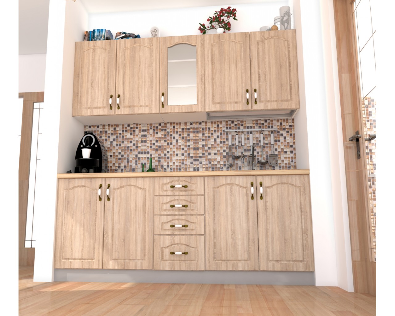 Bucatarie Zebra alba / Fronturi MDF sonoma - Varianta 1