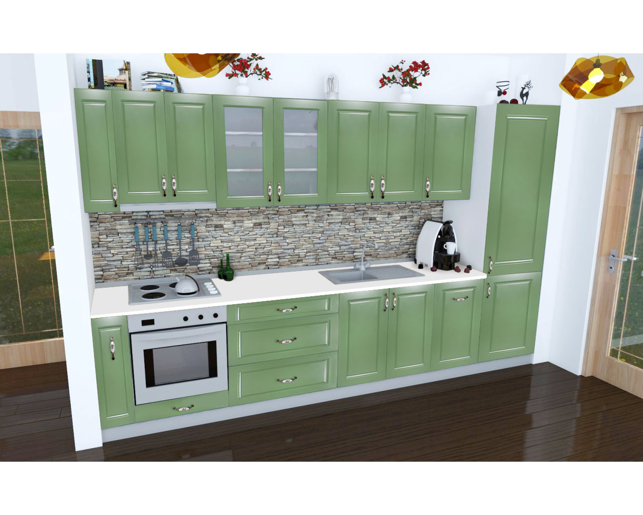 Bucatarie Zebra alba / Fronturi MDF Verde - Varianta 3