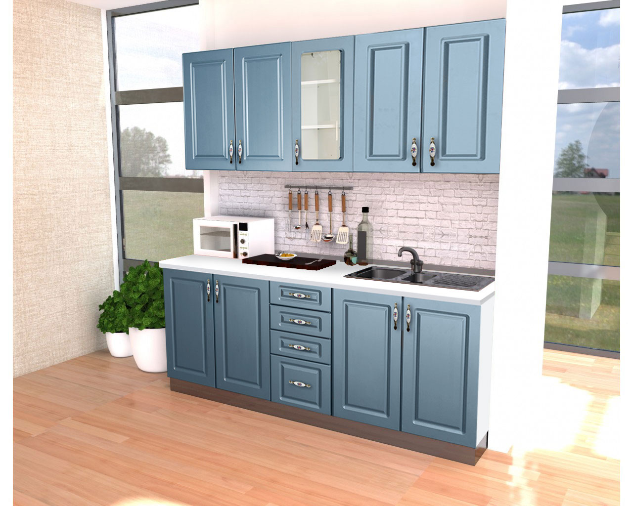 Bucatarie Zebra alba / Fronturi MDF Albastru - Varianta 1